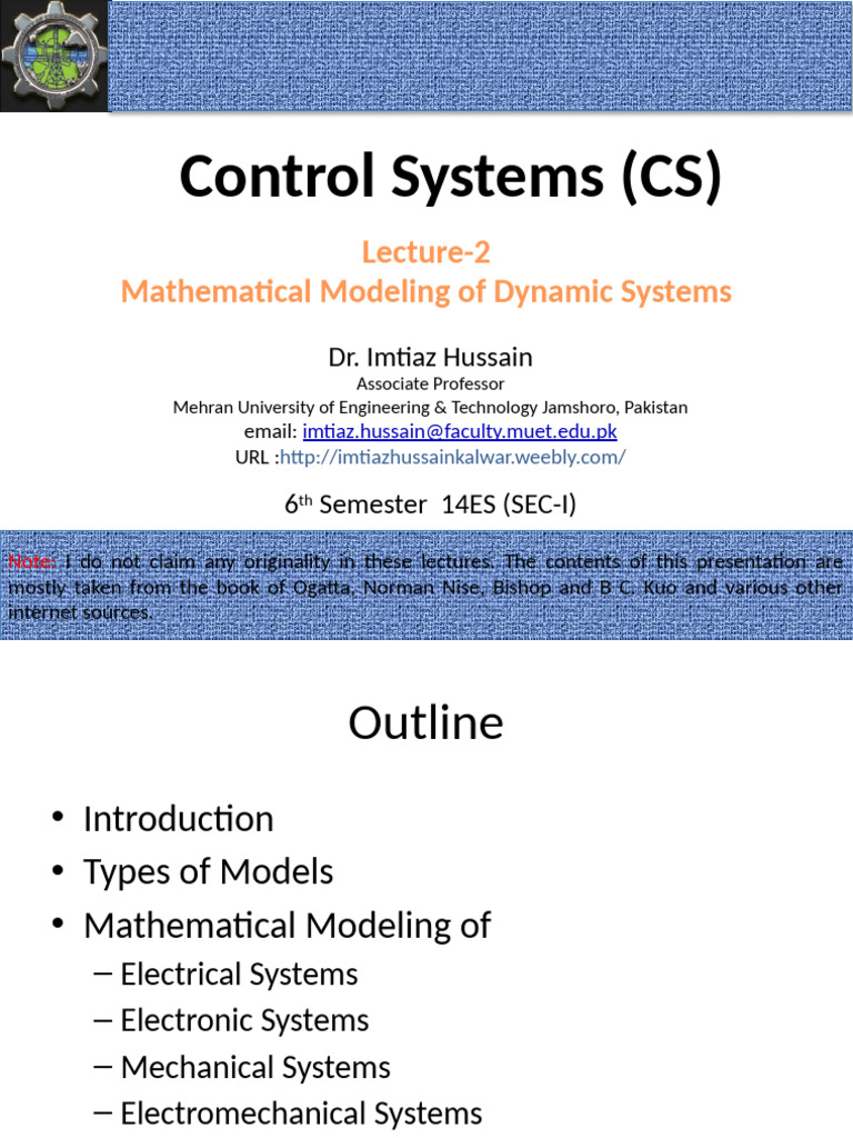 Lecture-2 - Mathematical Modeling of Dynamic Systems | PDF | Gear | Torque