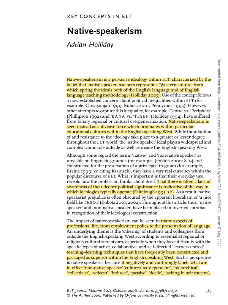Understanding Native-Speakerism in ELT | PDF | Human Communication | Liberal Arts Education