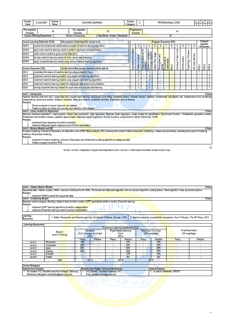 21CSC305P Machine Learning C Professional Core L T P C 2 1 0 3 | PDF | Machine Learning ...