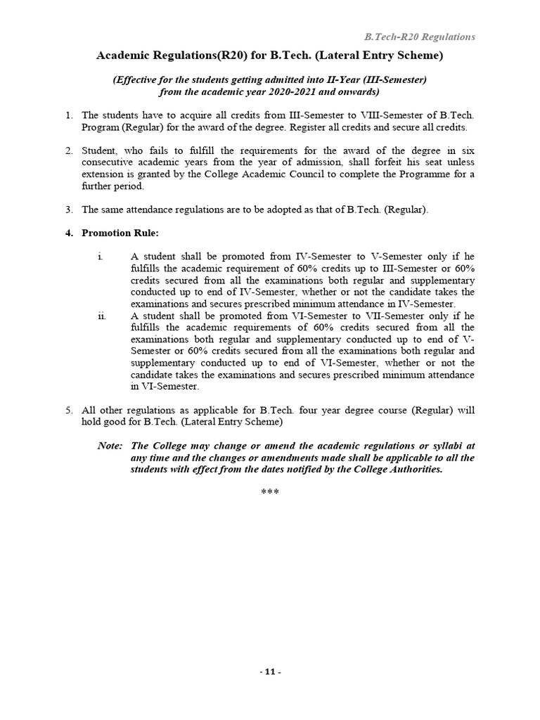 Academic Regulations (R20) For B.Tech. (Lateral Entry Scheme) | PDF