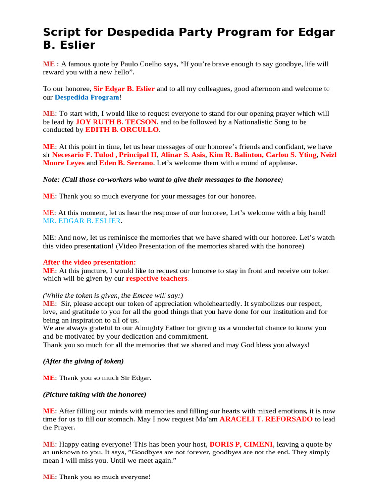 Despedida Program Script for Edgar Eslier | PDF