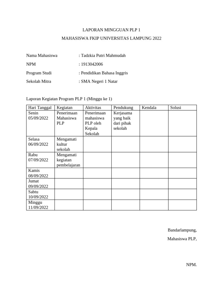 Laporan Mingguan PLP 1 | PDF