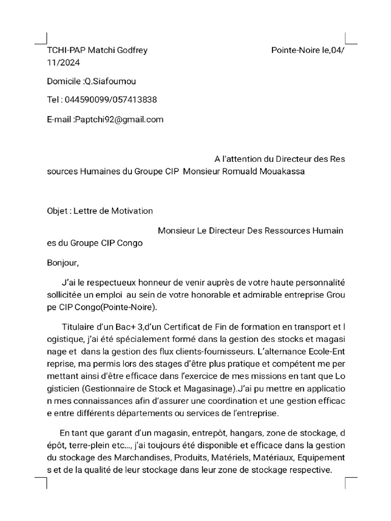Lettre de Motivation TCHI-PAP Matchi Godfrey-1 (1) - Phoenix | PDF