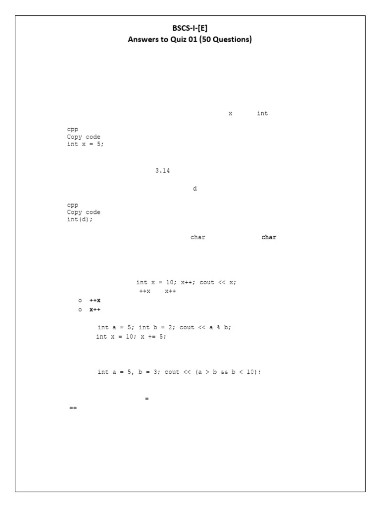 01 QUIZ Answers (50 Questions) | PDF | C++ | Integer (Computer Science)