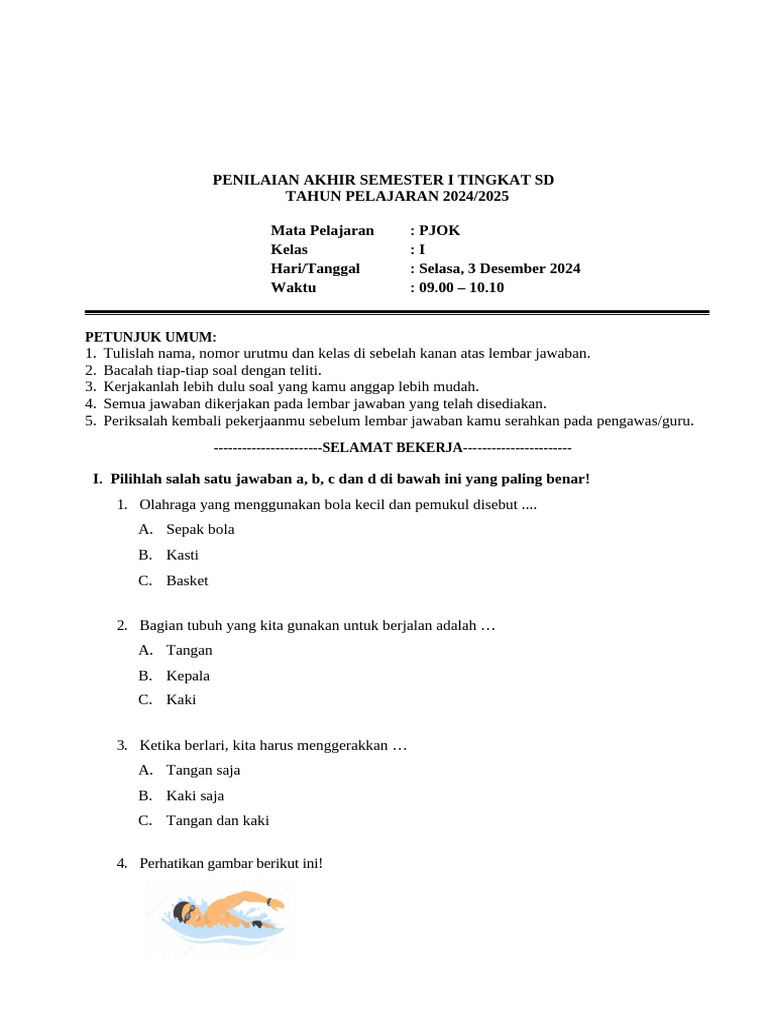 Soal Pjok Kelas I Kumer | PDF
