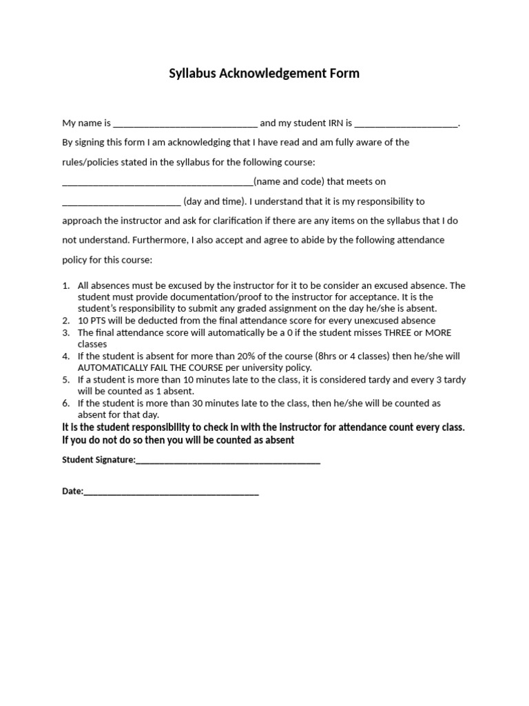 Syllabus Acknowledgement Form | PDF | Finance & Money Management