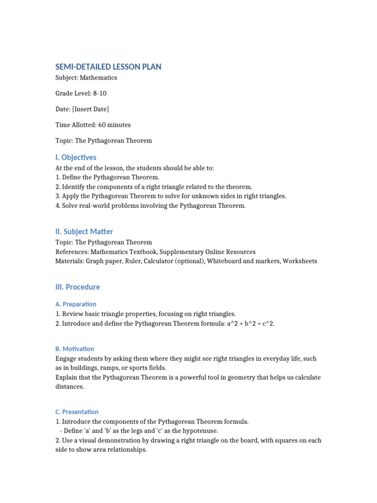 Semi Detailed Lesson Plan Pythagorean Theorem Format | PDF | Triangle | Elementary Geometry