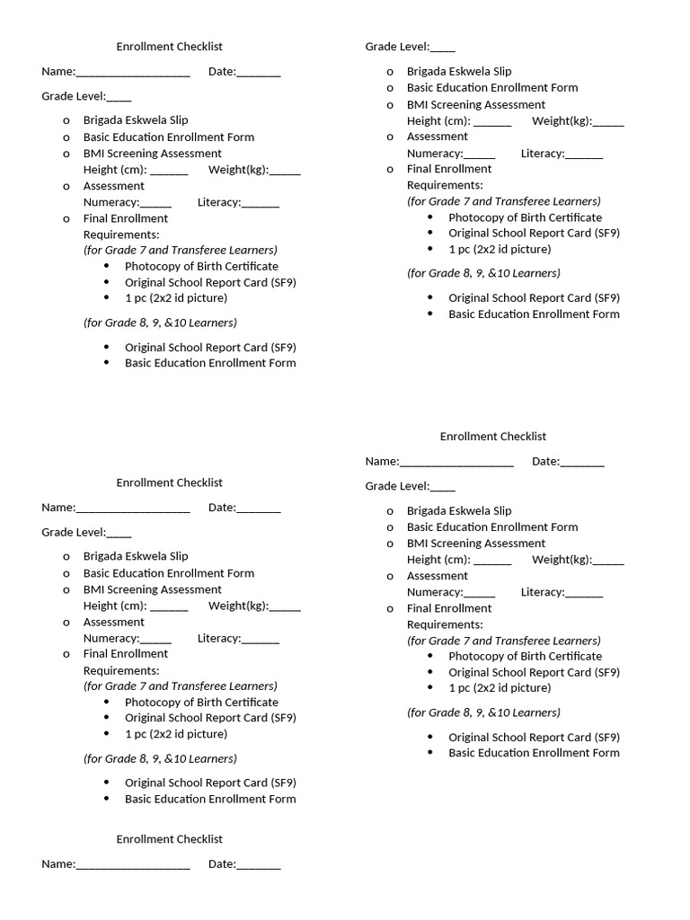 Enrollment Checklist | PDF | Reading (Process) | Learning