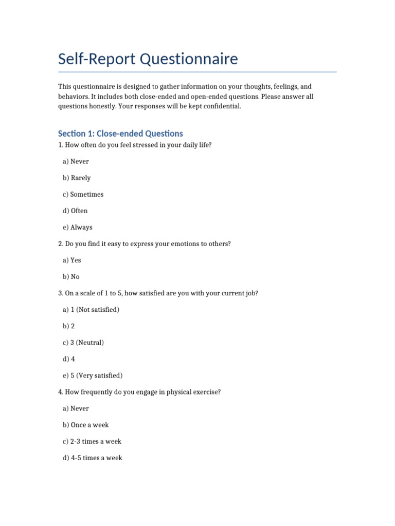 Self Report Questionnaire | PDF | Self-Improvement