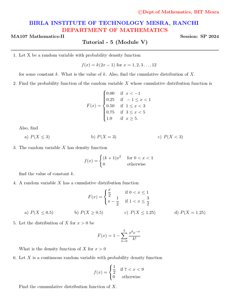 MA107 Tutorial 5 | PDF | Random Variable | Probability Density Function