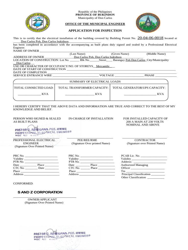 Electrical Inspection Application Form | PDF | Electrical Wiring ...