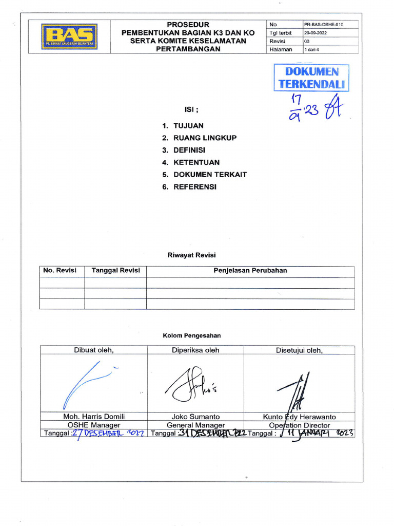 PR-BAS-OSHE-010 Prosedur Pembentukan Bagian K3 Dan KO Serta Komite Keselamatan Pertambangan | PDF