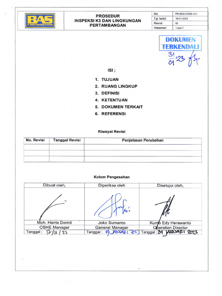PR-BAS-OSHE-029 Prosedur Inspeksi K3 Dan Lingkungan Pertambangan | PDF