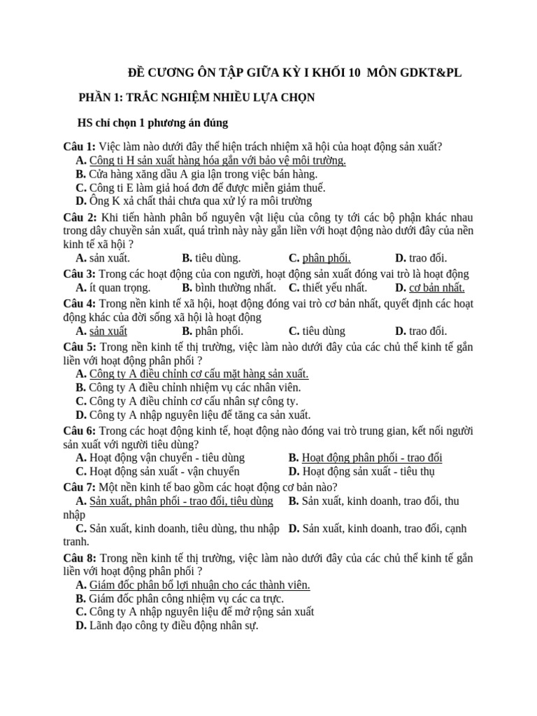 ĐỀ CƯƠNG ÔN TẬP GIỮA KỲ I MÔN GDKT CÓ ĐÁP ÁN | PDF
