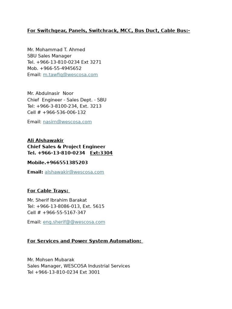 WESCOSA Sales Contacts and Services | PDF