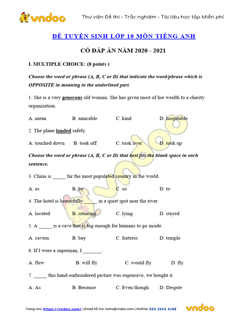 De On Thi Vao Lop 10 Mon Tieng Anh Nam 2020 2021 So 20 | PDF | Tobacco Smoking | Addiction