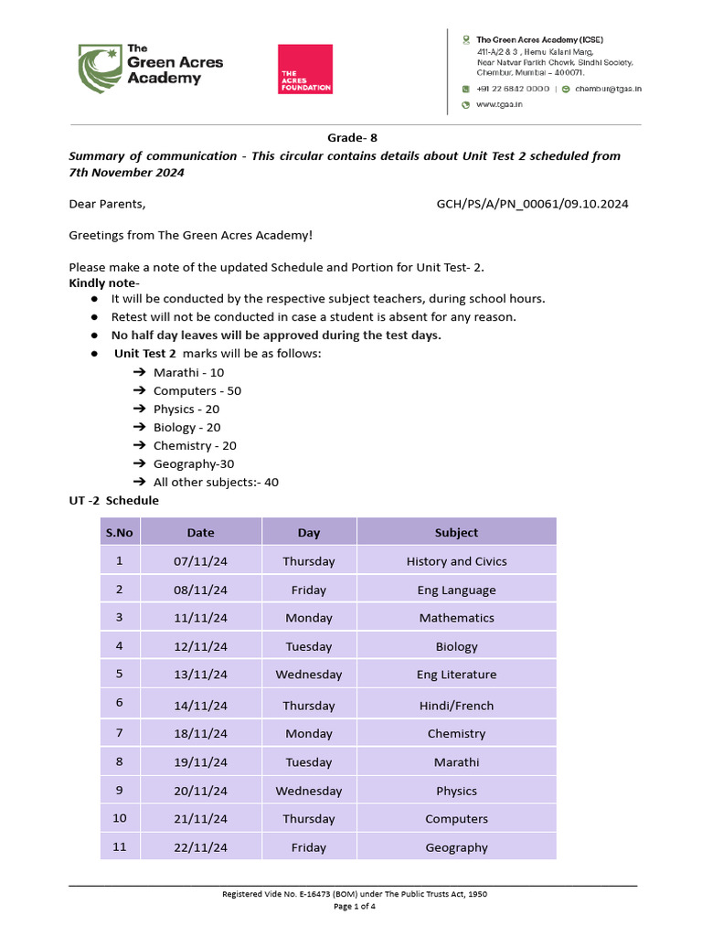 Updated Grade-8 Syllabus and Unit Test 2 Schedule A.Y 2024-25 | PDF ...