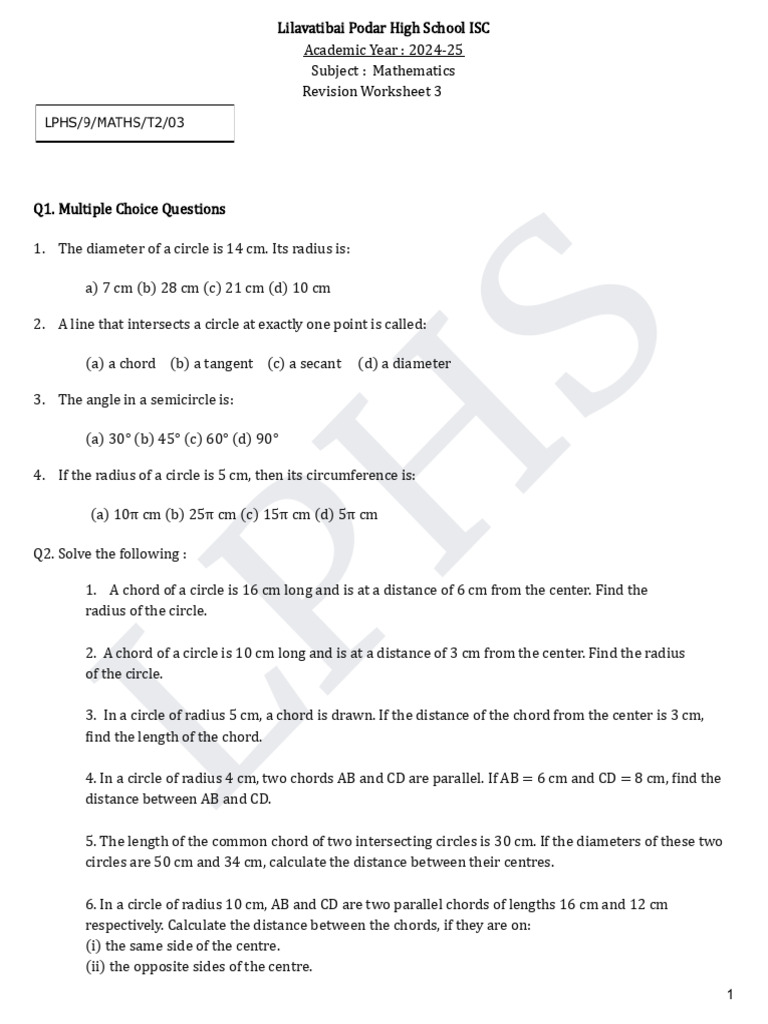 Grade 9 Circles Revision Worksheet | PDF | Teaching Methods & Materials