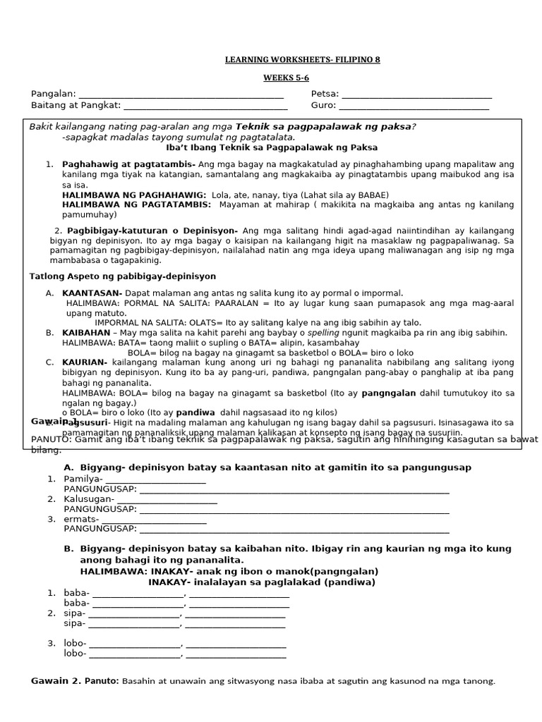 WEEKS 5-6 FILIPINO 8 - Q1-WORKSHEETs | PDF