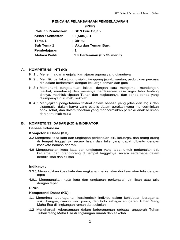 RPP SD Kelas 1 Tema 1 | PDF