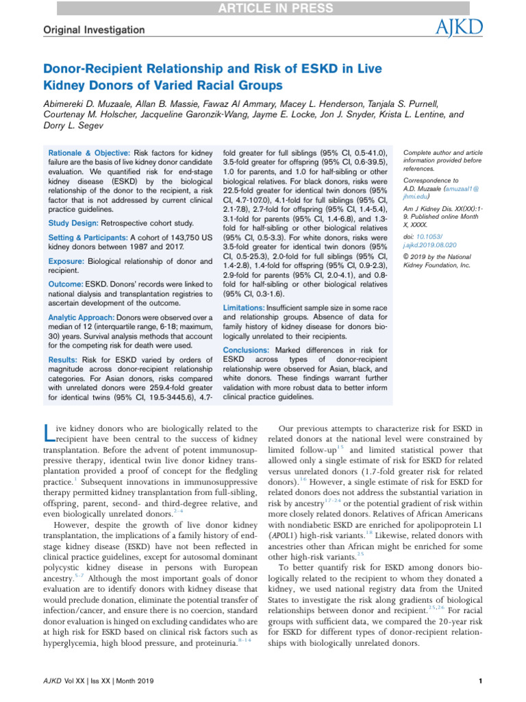 Donor-Recipient Relationship and Risk of ESKD in Live Kidney Donors | PDF | Chronic Kidney ...