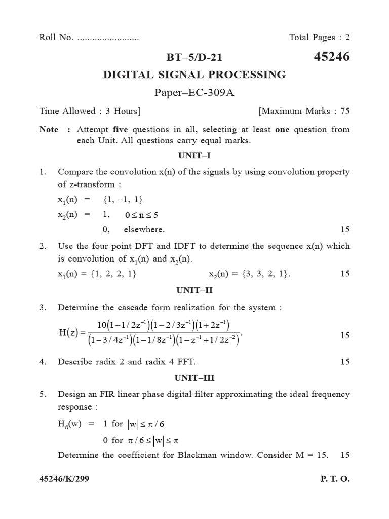 BT-5/D-21 Digital Signal Processing: Paper-EC-309A | PDF | Low Pass Filter | Filter (Signal ...