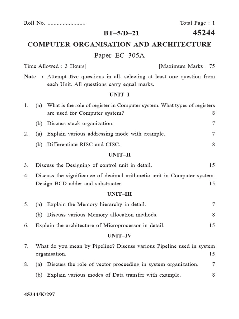 BT-5/D-21 Computer Organisation and Architecture: Paper-EC-305A | PDF | Computers