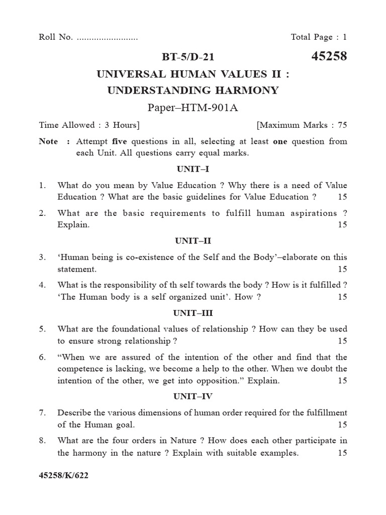 BT-5/D-21 Universal Human Values Ii: Understanding Harmony: Paper-HTM-901A | PDF | Career & Growth