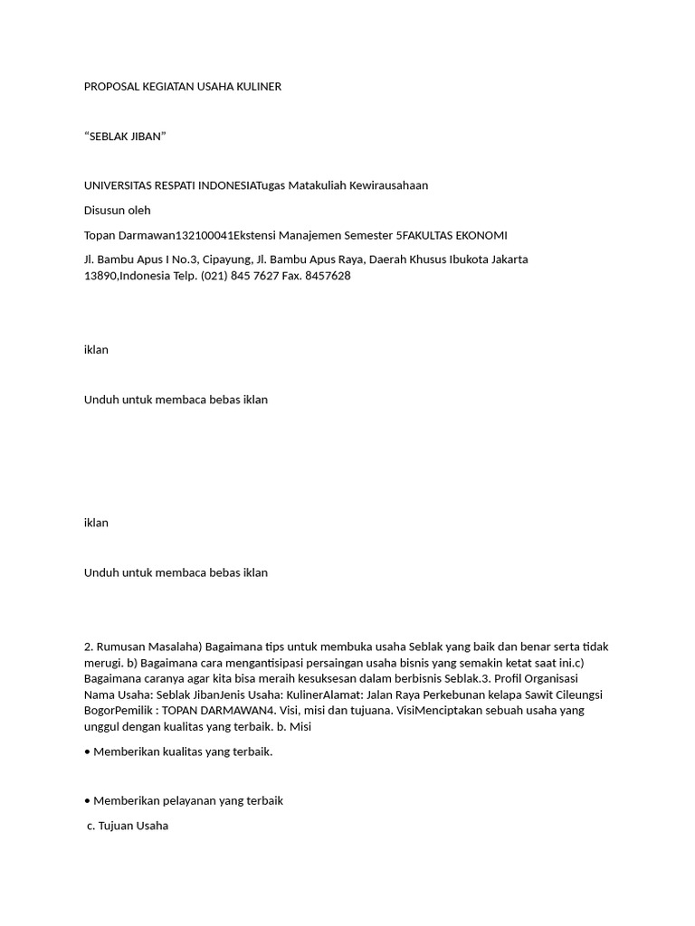 Proposal Kegiatan Usaha Kuliner | PDF | Bisnis