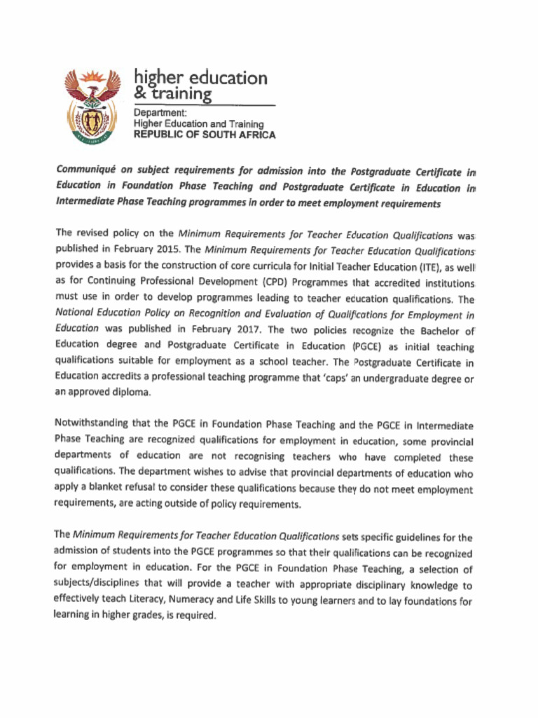 Communique On Subject Requirements For Admission Into Pgce FP and Pgce ...