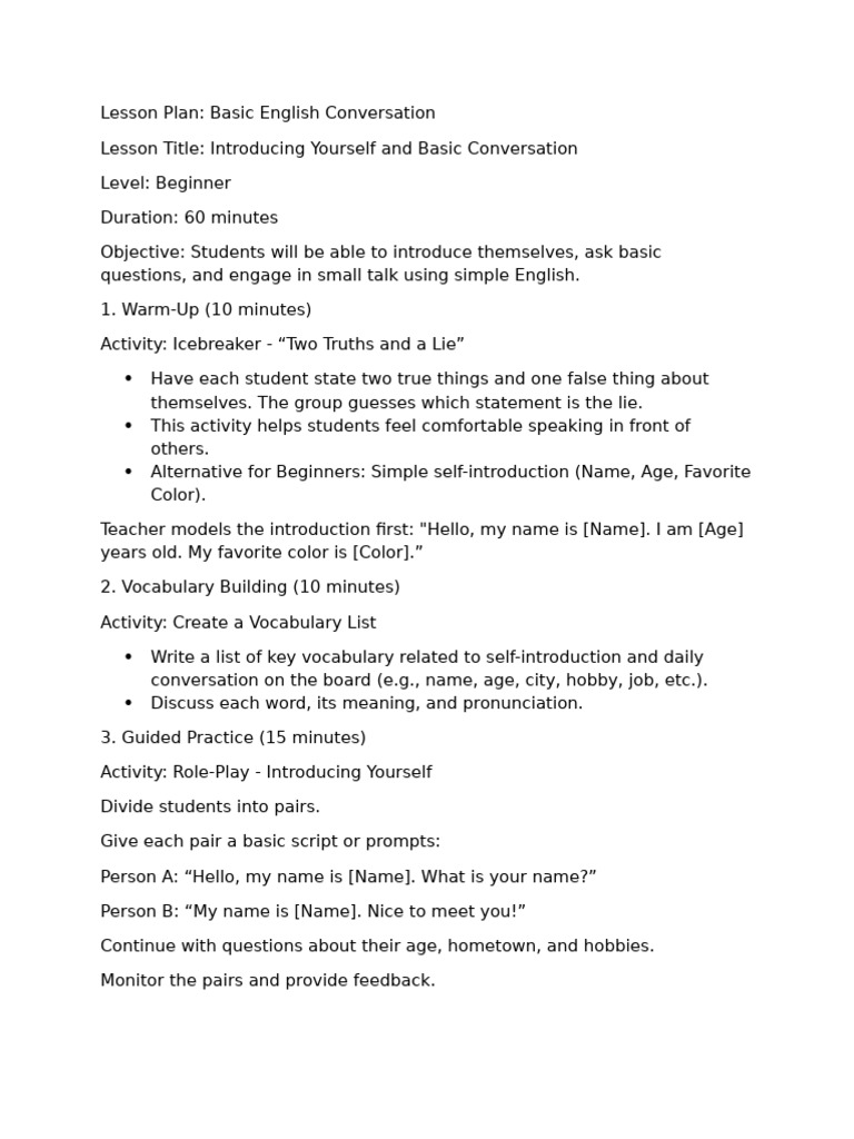 Beginner Self-Introduction Lesson Plan | PDF | Career & Growth ...