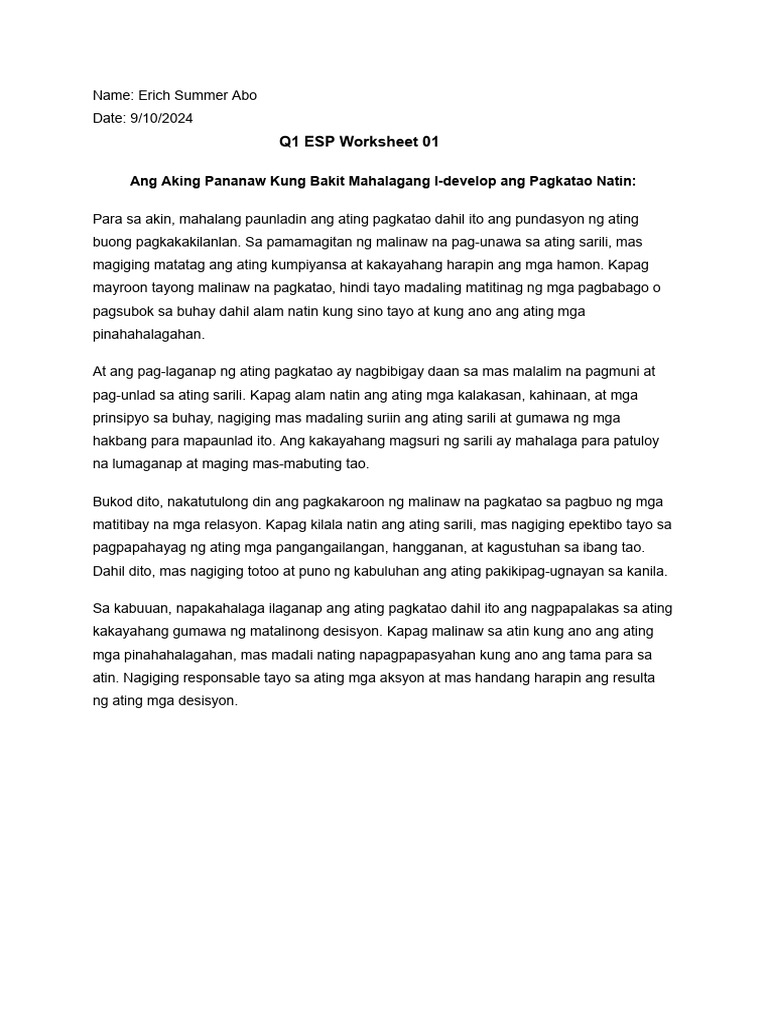 Q1 ESP Worksheet 01 | PDF