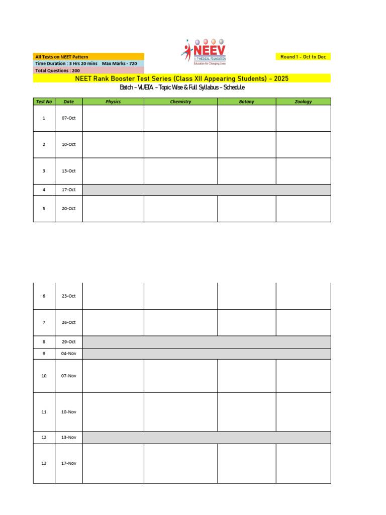 NEET - Rank Booster Test Series Schedule | PDF | Chemistry | Applied ...