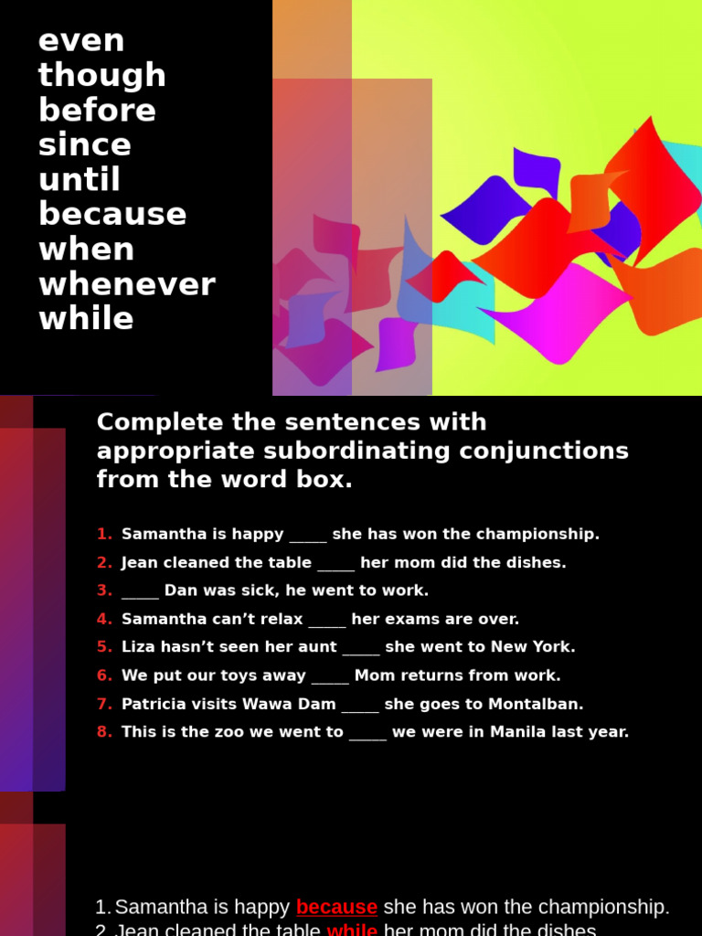 Subordinating Conjunctions Quiz | PDF | Cooking, Food & Wine | Self ...