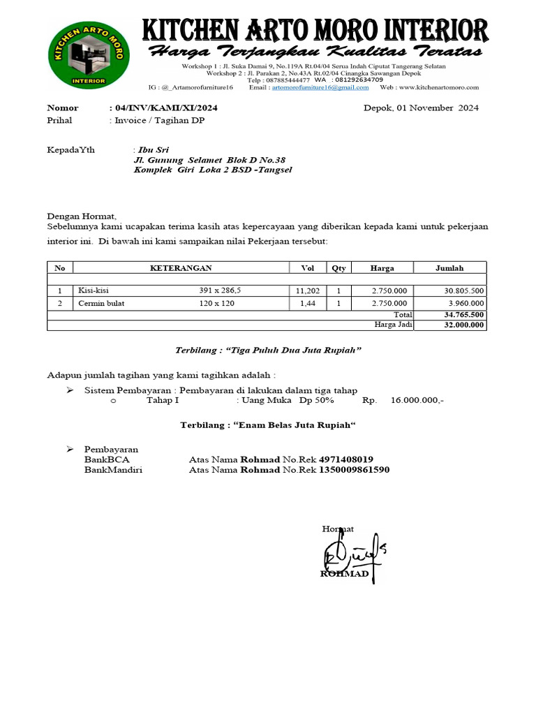 Invoice Ibu Sri BSD - DP - Project Kisi-Kisi + Cermin Bulat 2 | PDF