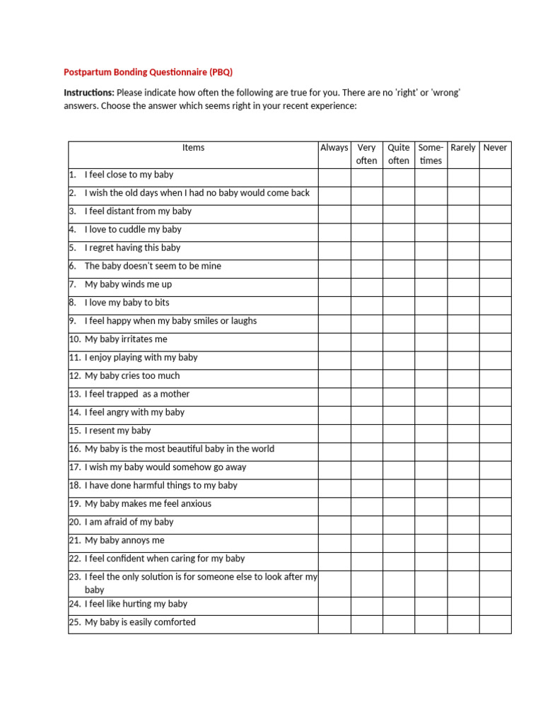 Postpartum Bonding Questionnaire PBQ - Mov Scoring | PDF