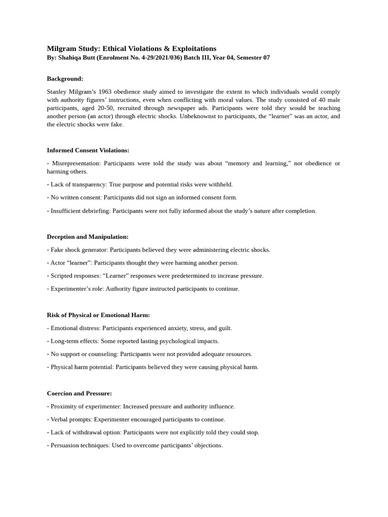 Milgram Study Ethical Violations & Exploitations by Shahiqa Butt | PDF ...