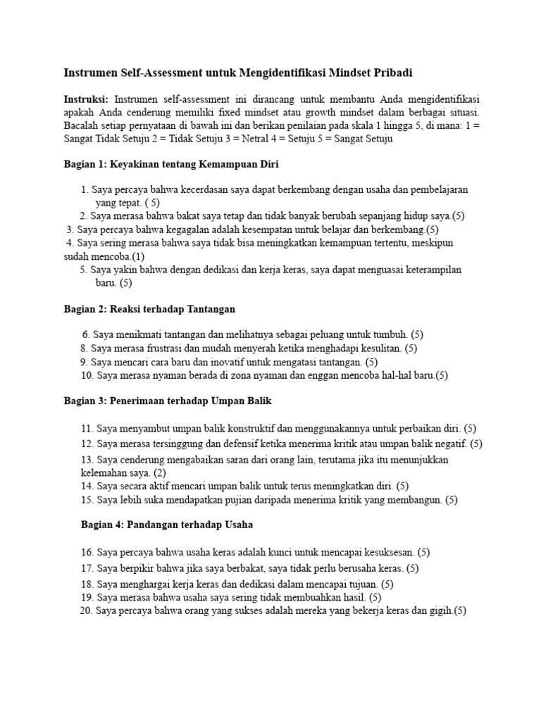 Instrumen Selfassessment Mindset | PDF