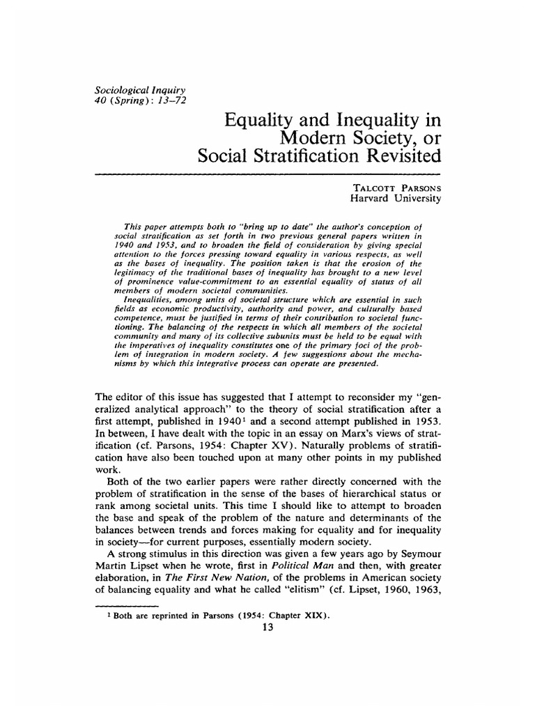 Equality and Inequality in Modern Society, or Social Stratification ...