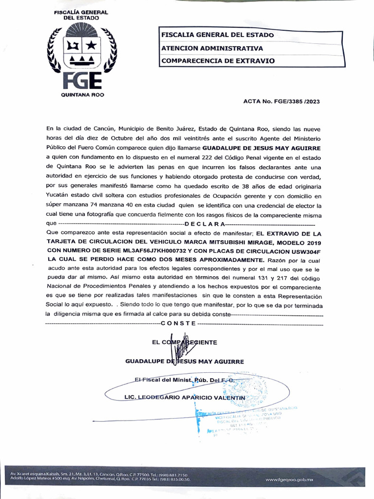 Acta de Extravío Tarjeta de Circulación | PDF | Gobierno