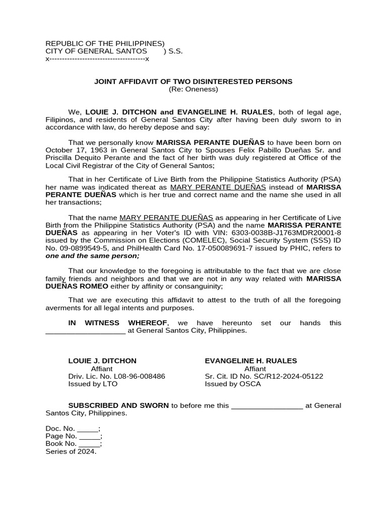 Joint Affidavit of Two Disinterested Person | PDF