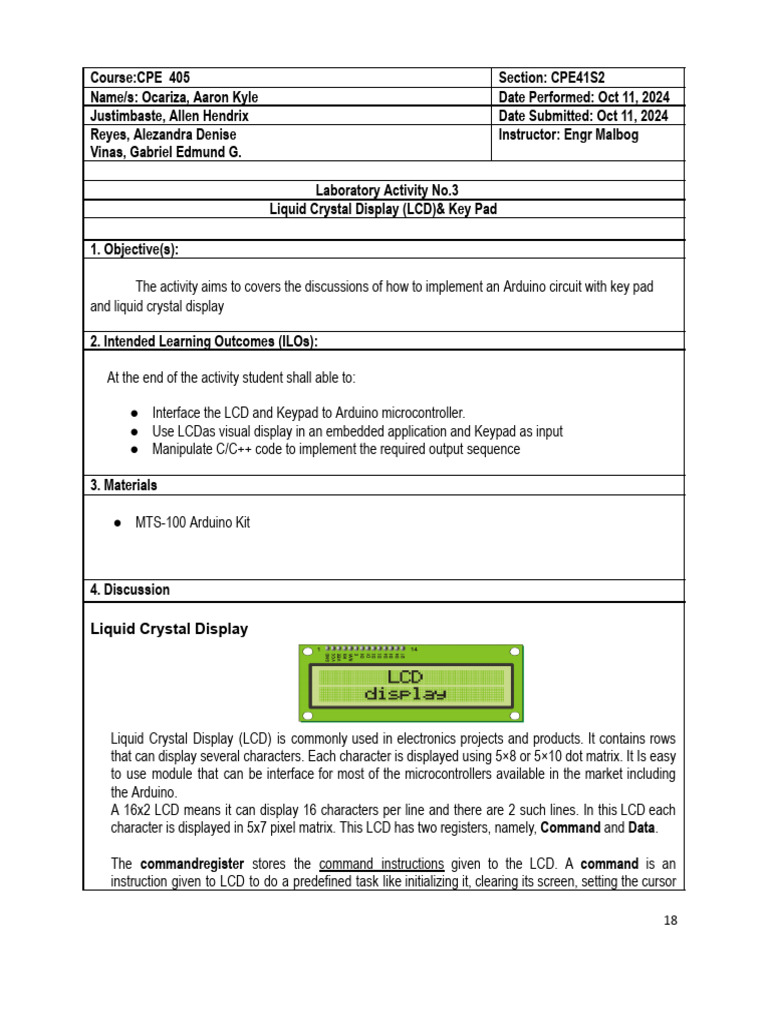 Activity 3 - LCD and Keypad MTS-100 | PDF | Arduino | Liquid Crystal Display