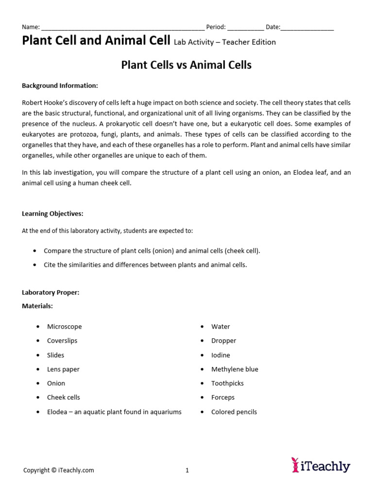 Lab Mnual-Activity-SE-Plant-Cell-and-Animal-Cell | PDF | Cell (Biology ...