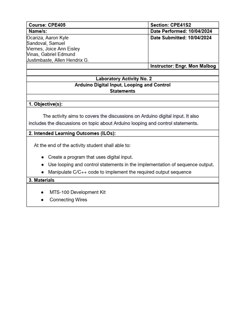 Activity 2 - Digital Input MTS-100 | PDF | Arduino | Control Flow