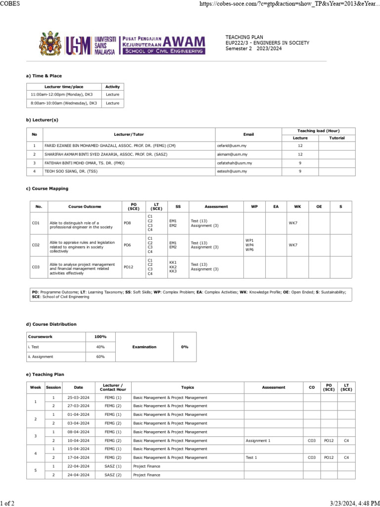 Engineers in Society Teaching Plan | PDF