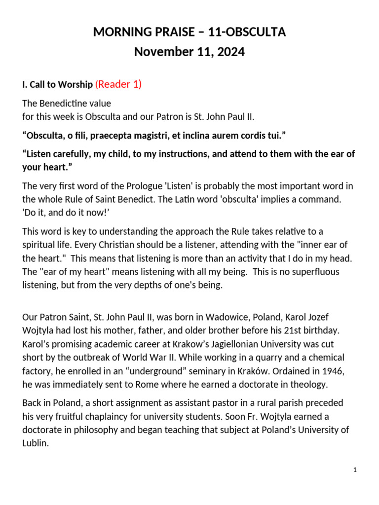 Morning Praise Script 11O '24-'25 | PDF | Pope John Paul Ii | Lord's Prayer