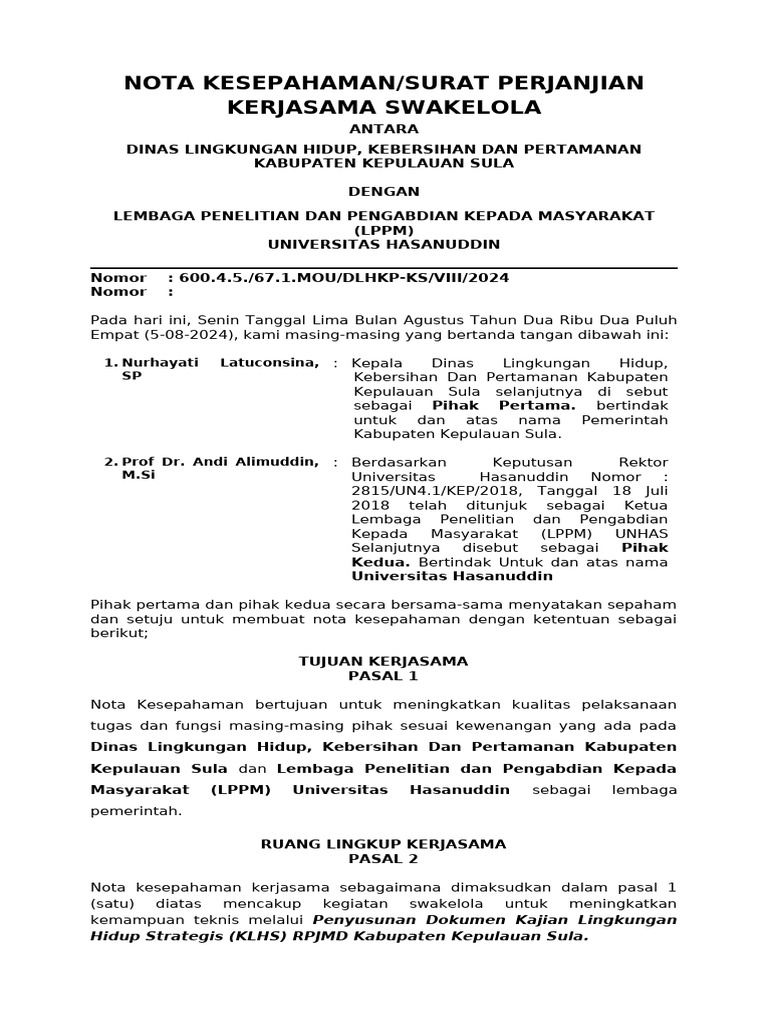 Draf Nota Kesepahaman - Sula | PDF