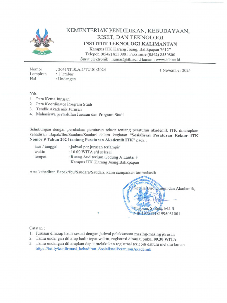 Undangan Kegiatan Sosialisasi Peraturan Rektor ITK Nomor 9 Tahun 2024 Tentang Peraturan Akademik ...