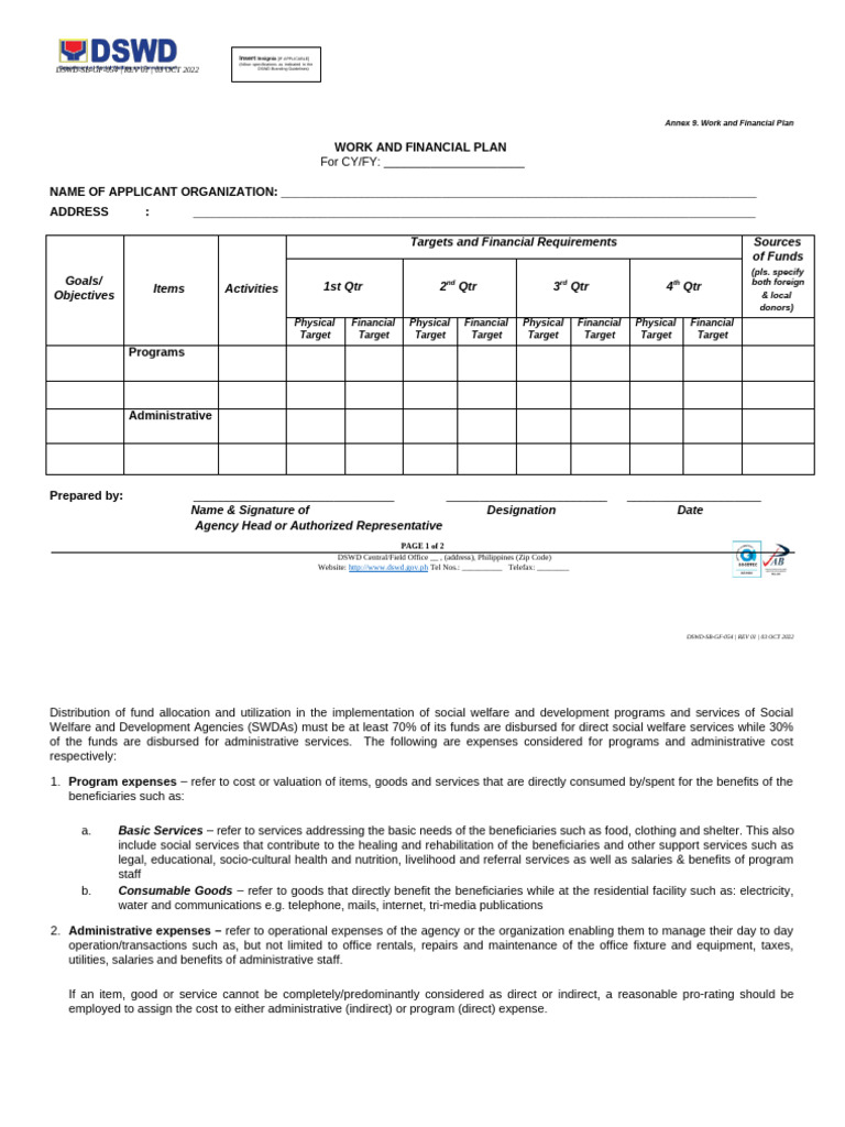 DSWD SB GF 054 - REV 01 - Work and Financial Plan | PDF | Economies
