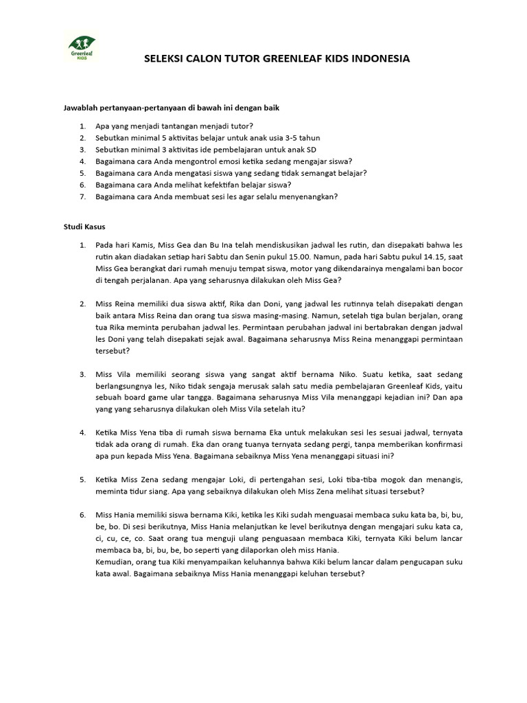 Tes Tertulis-2 Calon Tutor Greenleaf Kids | PDF | Pengembangan Diri ...